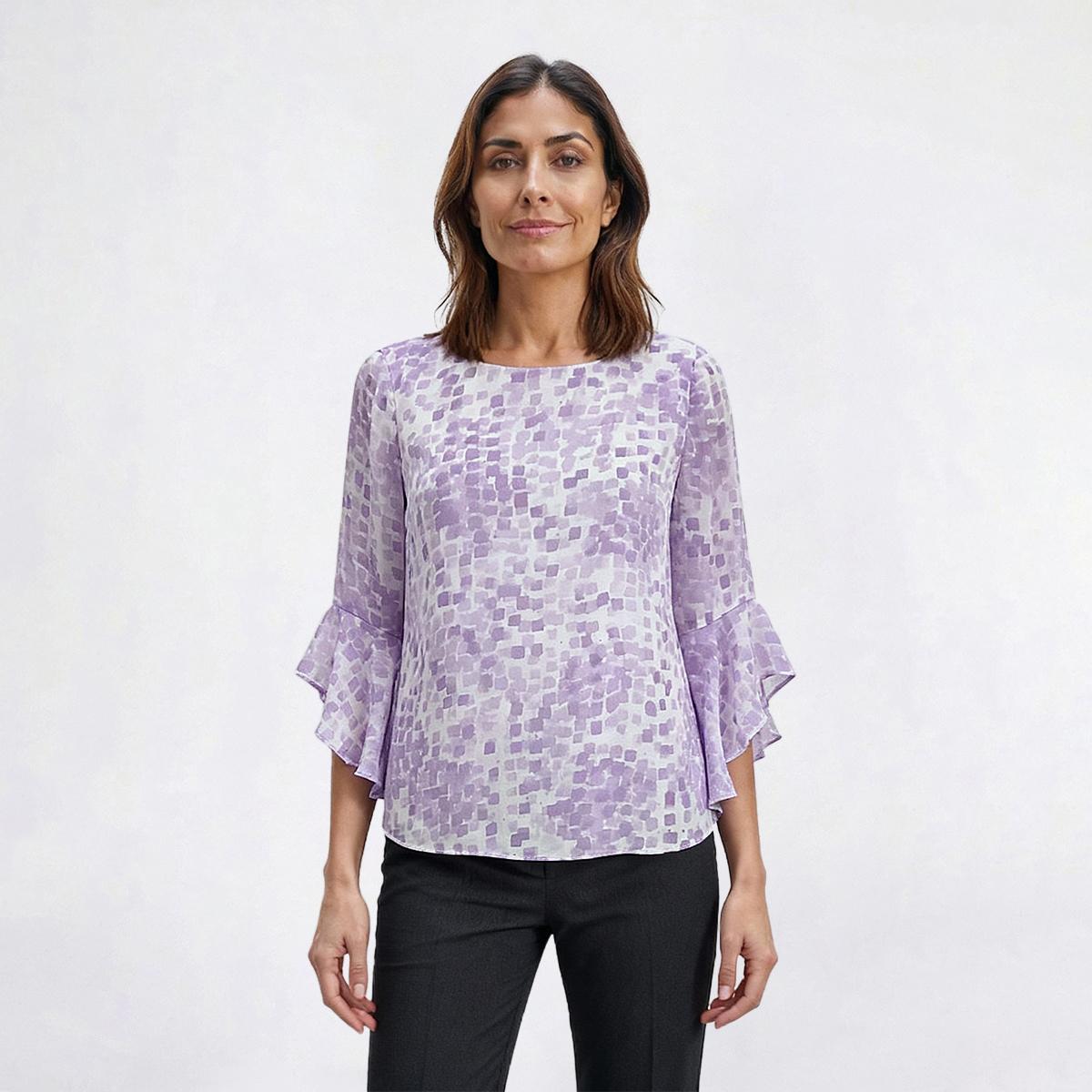 Kasper Petite Crewneck Ruffle Sleeve Blouse - Paris Blue Multi